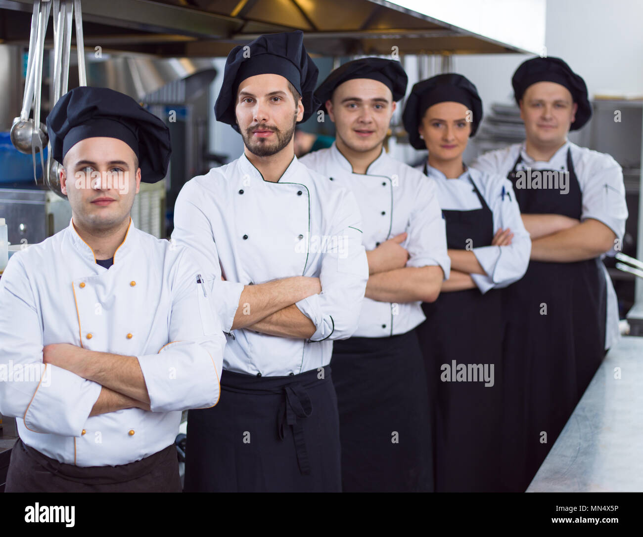 Portrait of group chefs standing together in commercial kitchen at ...