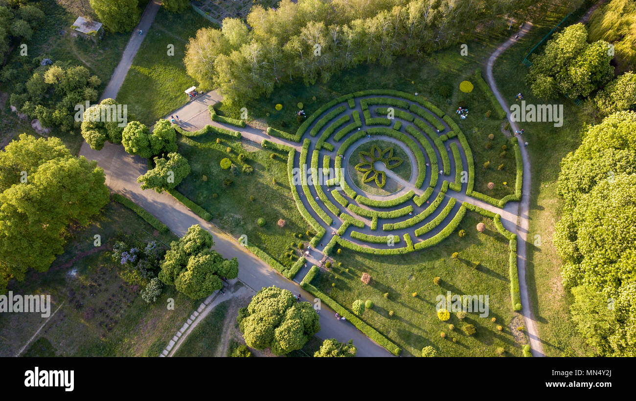 Aerial view a natural labyrinth in the botanical garden on a sunny day ...