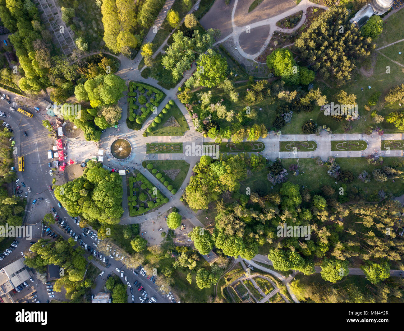 Aerial view botanical Garden in the city of Kiev with tourists in the ...