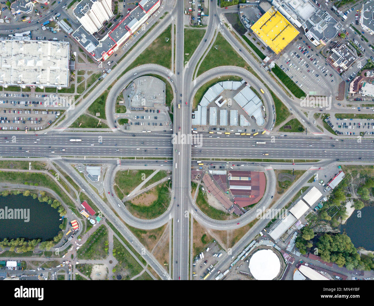 Aerial view roadway system in Kiev with many cars on the roads. Drone ...