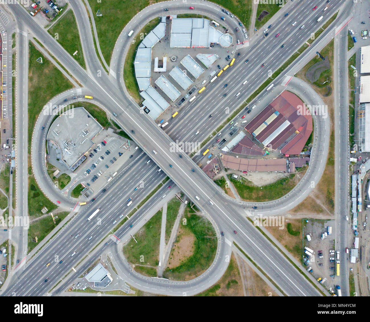 Aerial view Kiev, Ukraine road overpass with cars Poznyaki district ...