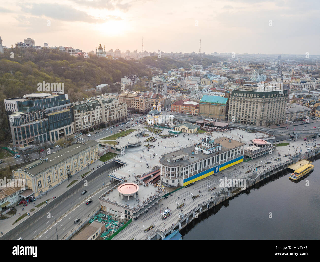 Panoramic view of the river station and Postal square at the sunset in ...