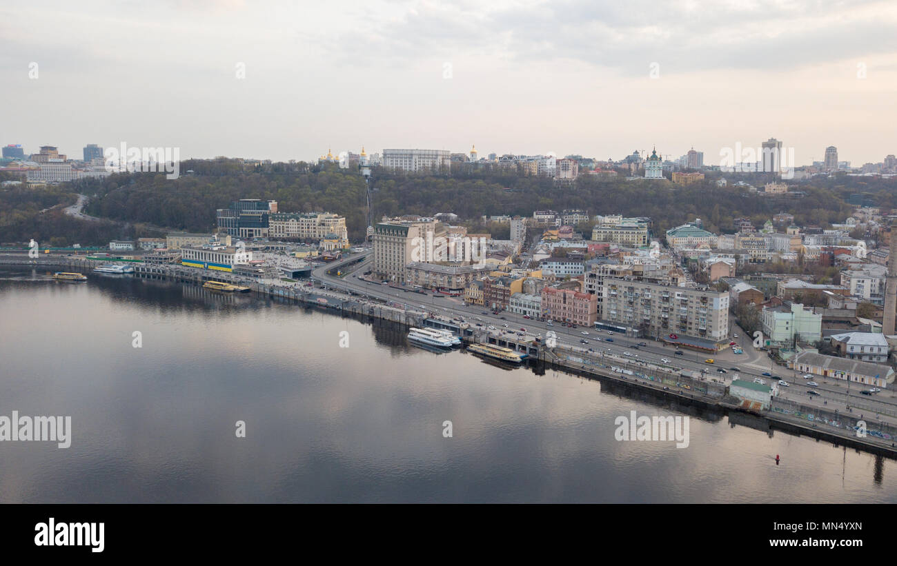 Panoramic view of Kiev historical district Podol with river Dnieper ...