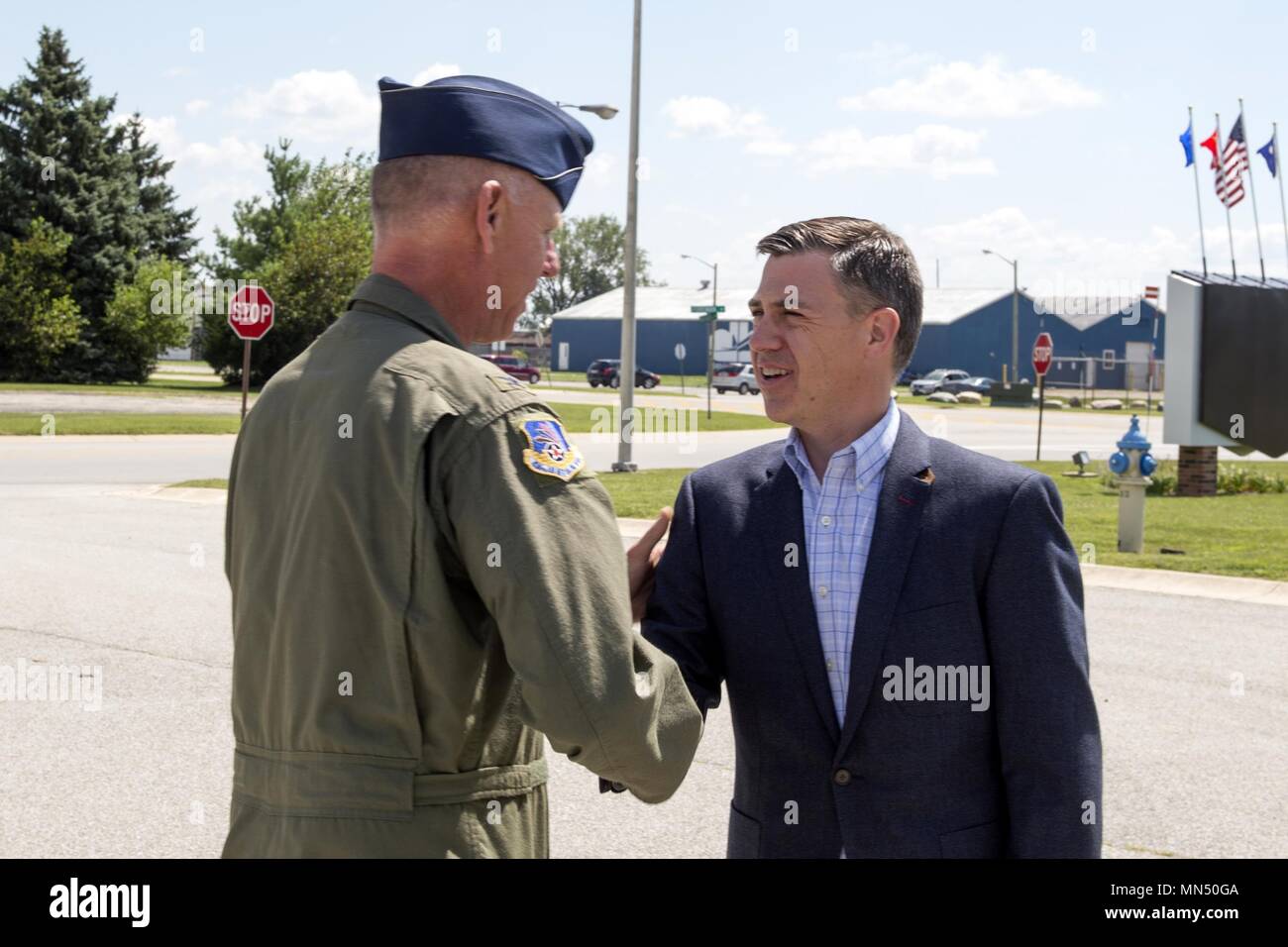 U.S. Rep. Jim Banks shakes hands with Col. Larry Shaw, 434th Air ...