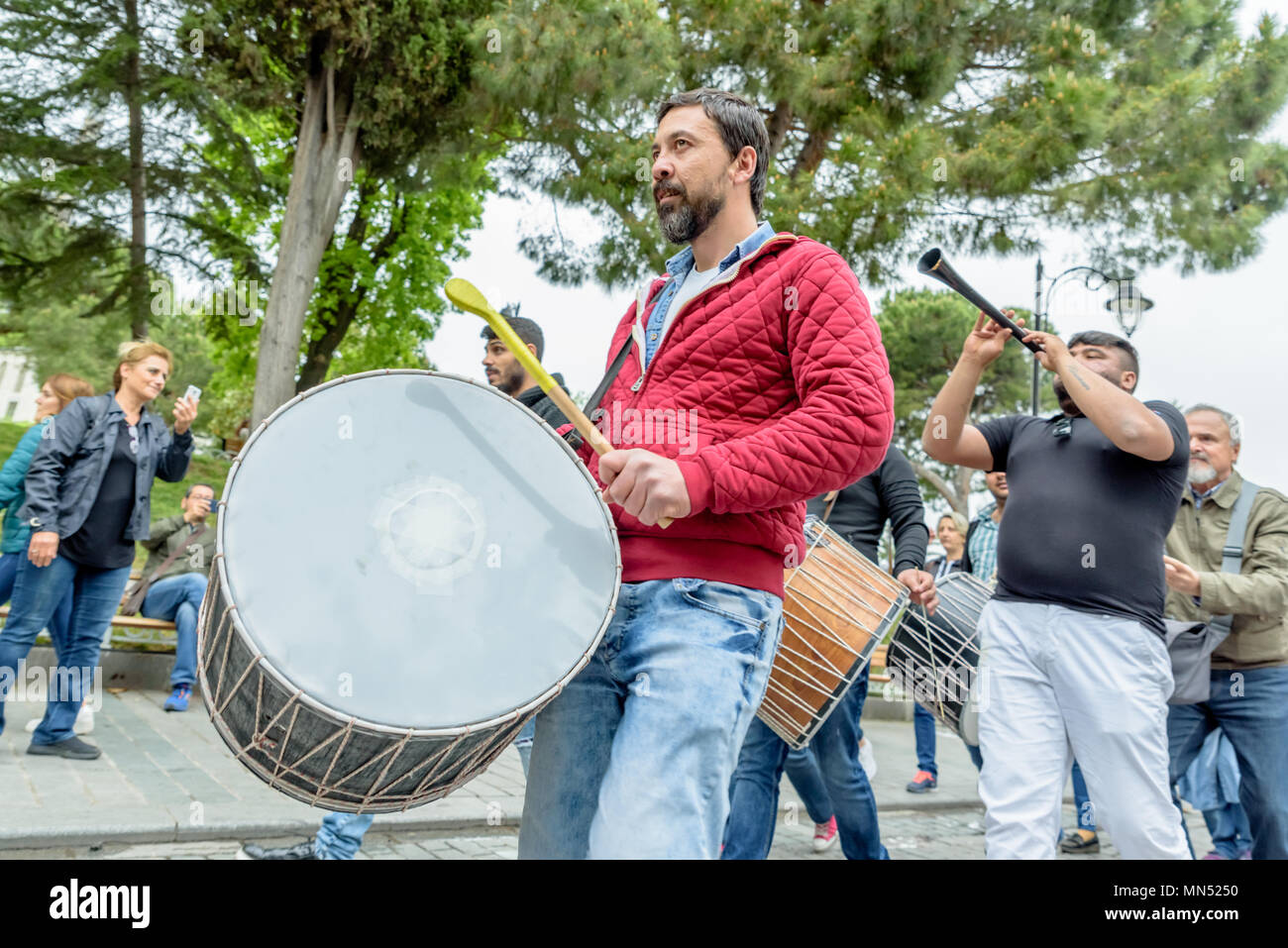 Unidentified Turkish men perform Zurna(clarion) and drum at Hidirellez ...