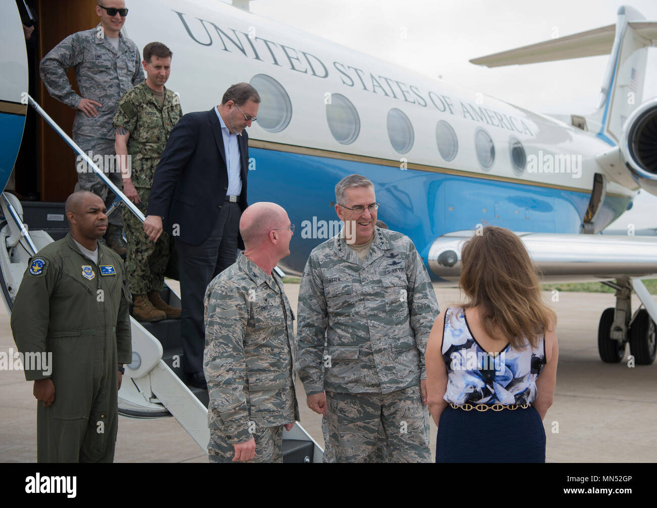 Gen. John E. Hyten, U.S. Strategic Command commander, is greeted by Col ...