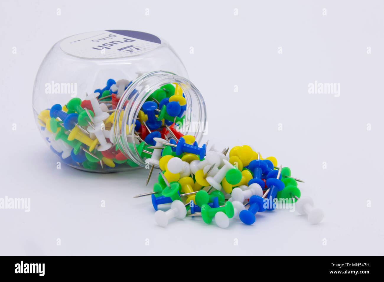 Pile of plastic notice board push pins on a white background Stock ...