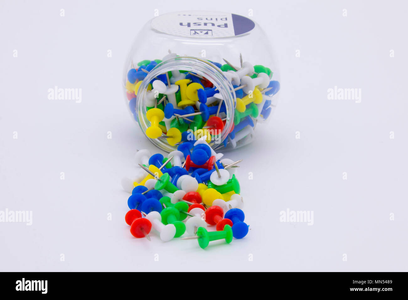 Pile of plastic notice board push pins on a white background Stock ...