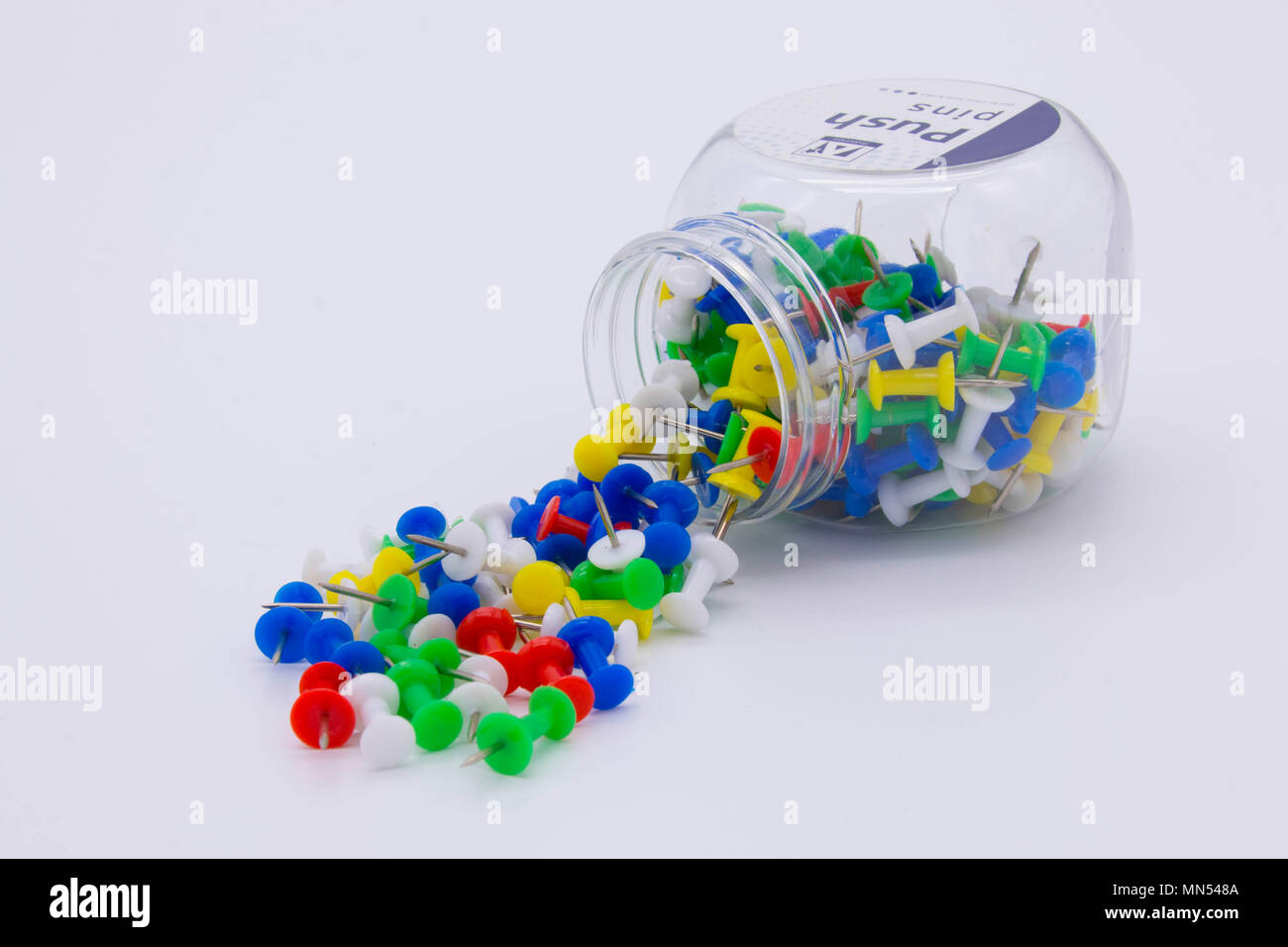 Pile of plastic notice board push pins on a white background Stock ...