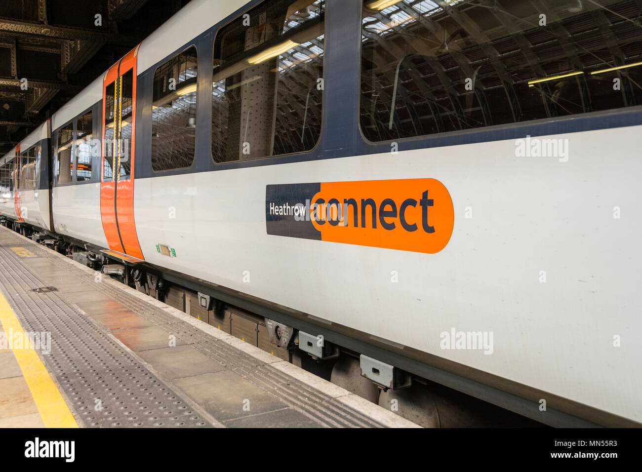 A Heathrow Connect train carriage and logo at Paddington Station ...