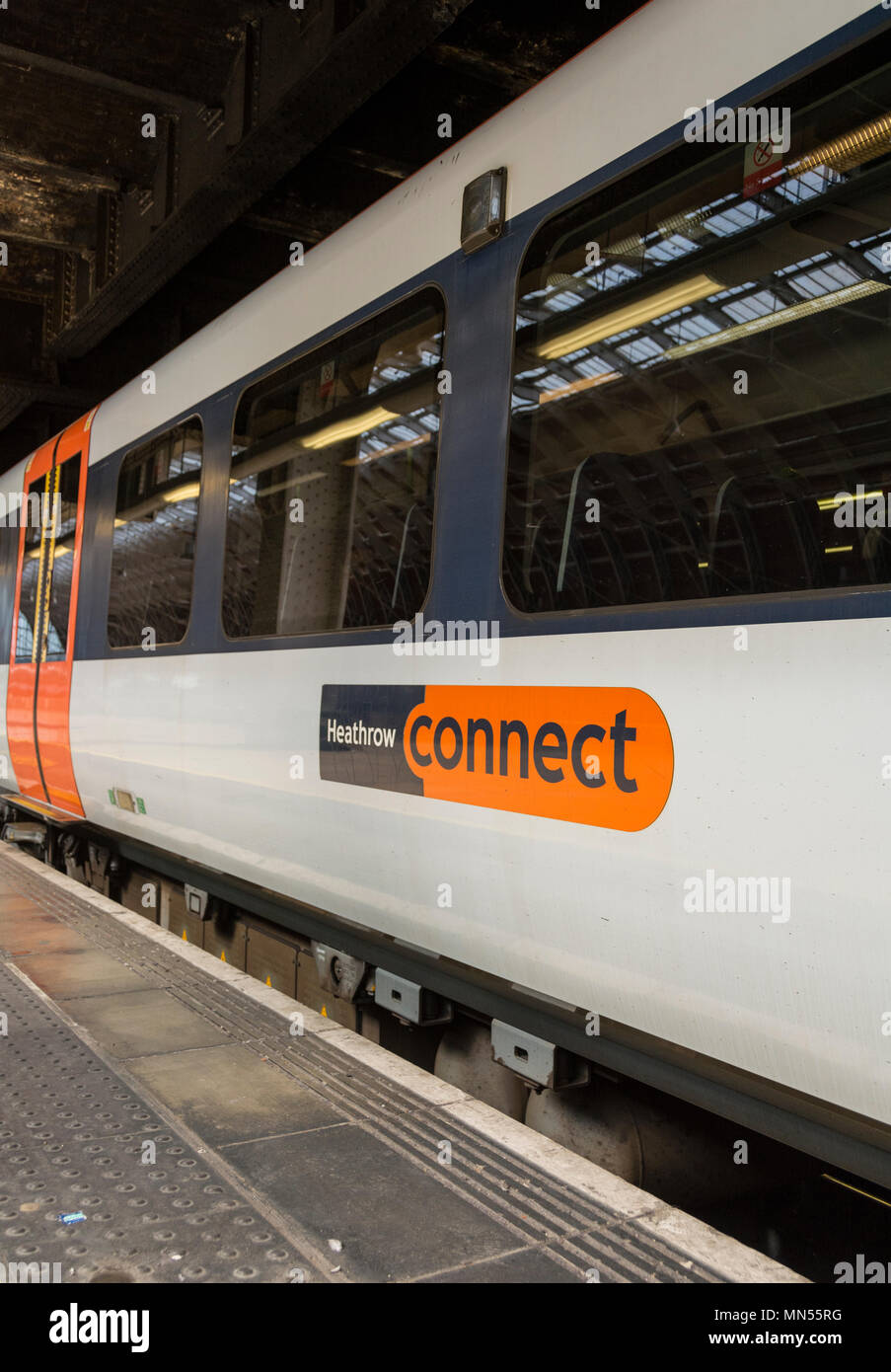 A Heathrow Connect train carriage and logo at Paddington Station ...