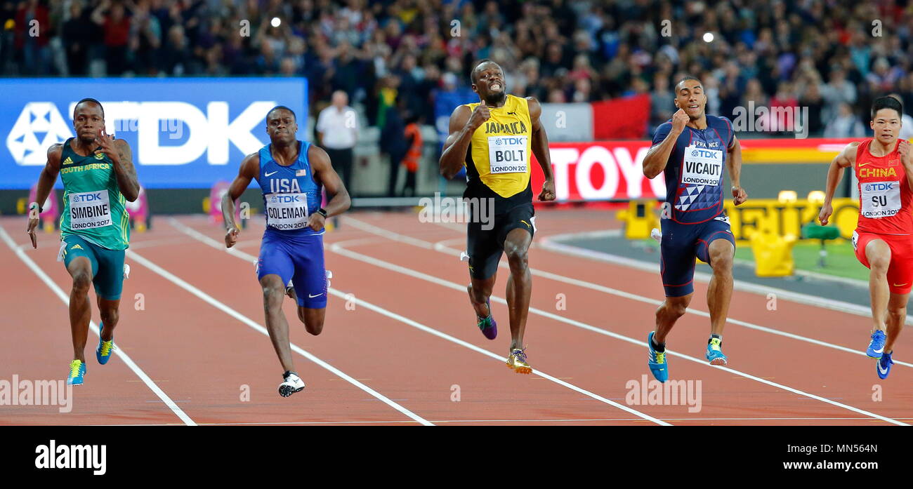 LONDON, ENGLAND - AUGUST 05: Usain Bolt of Jamaica running in lane 4 of ...