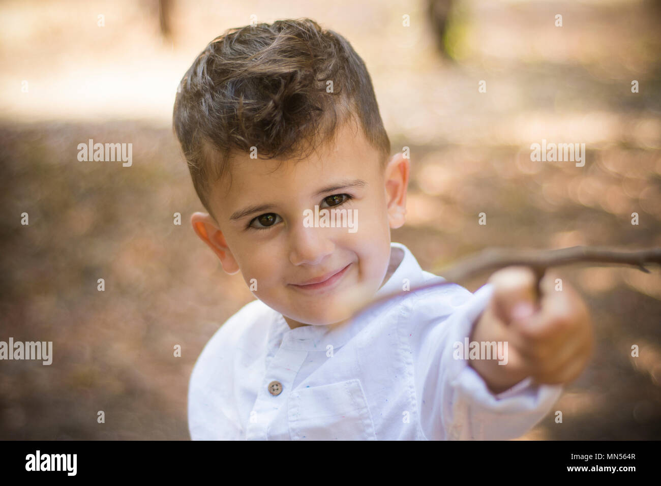 Cute boy holding a twig smiling Stock Photo - Alamy