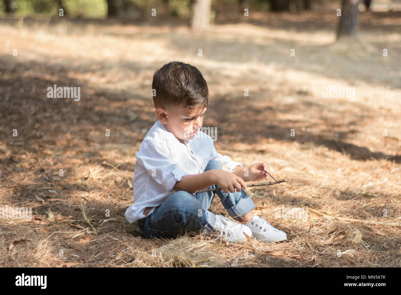 Little boy playing with a twig outdoors Stock Photo - Alamy