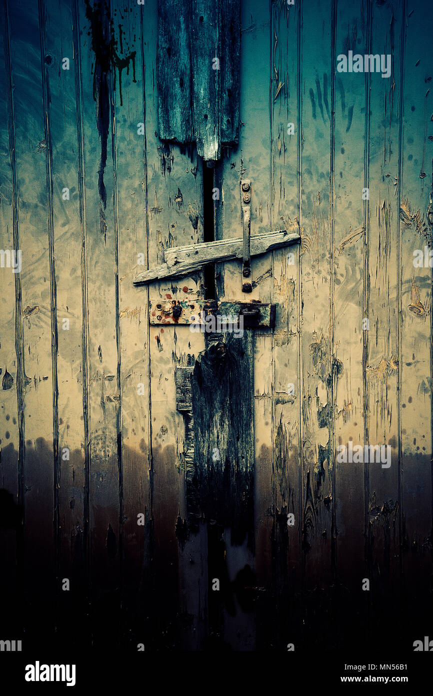 blood smeared door with multiple makeshift locks Stock Photo - Alamy