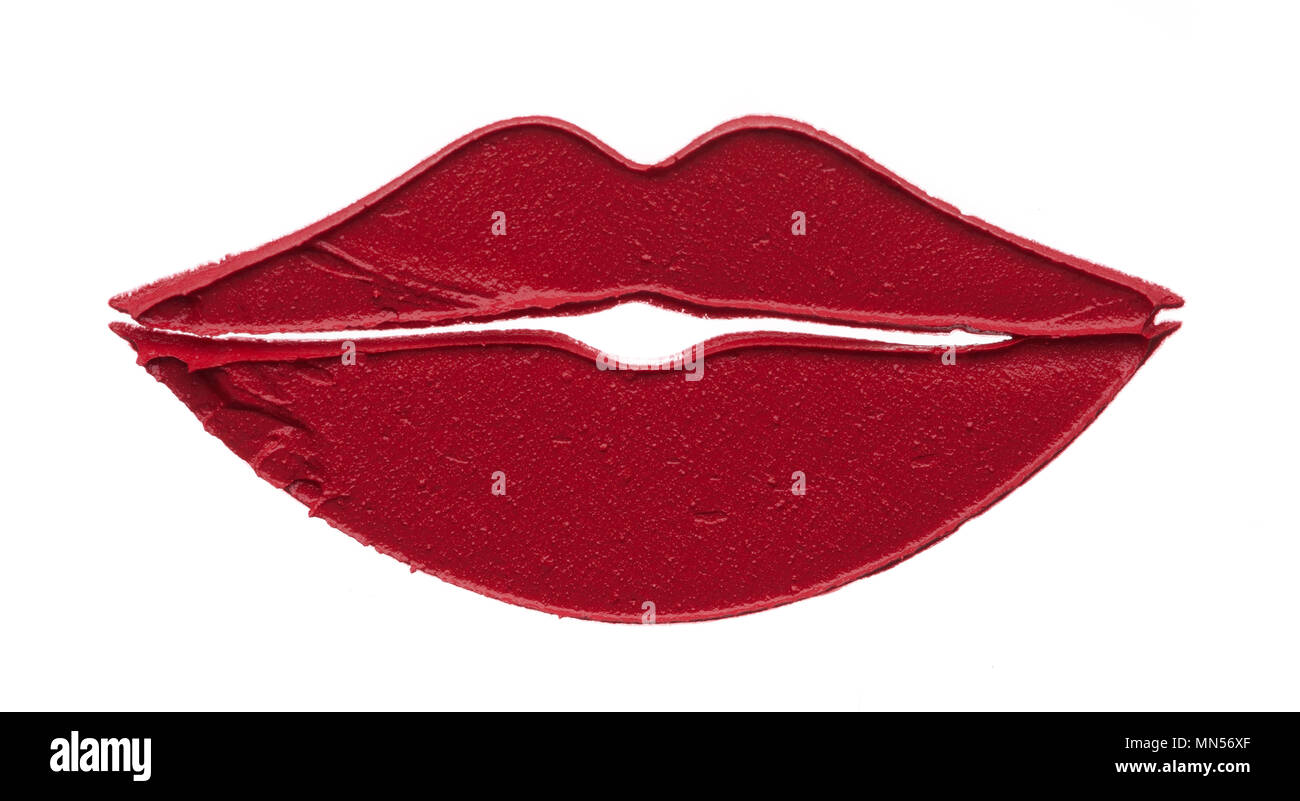 Red makeup smear of matte lip gloss in the form of lips isolated on ...