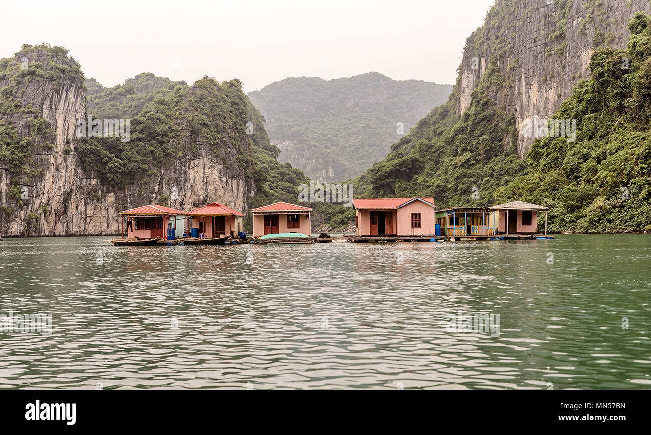 Floating village in Halong Bay, Vietnam. It is Unesco World Heritage ...