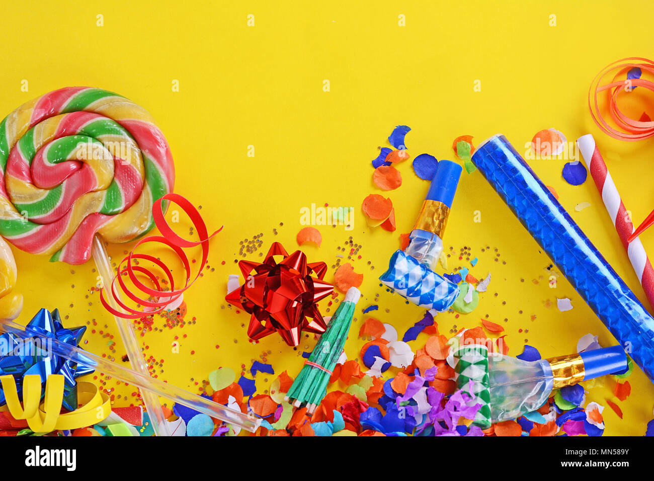 Top view of colorful party confetti background. Celebration concept ...