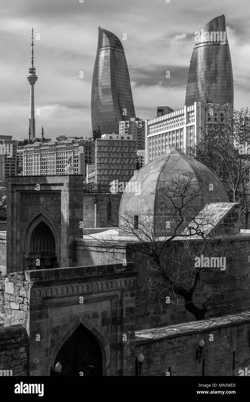 View of the Shirvanshahs palace and Flame towers in the old town. Baku ...