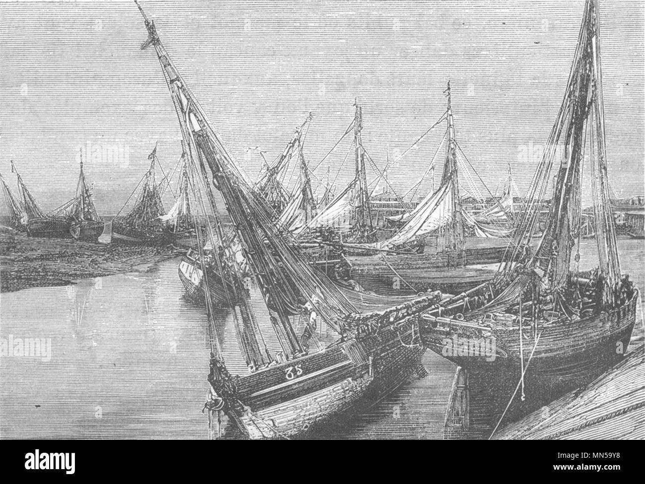 MANCHE. Cherbourg. Barques de peche echouees l'avant-port 1880 old ...