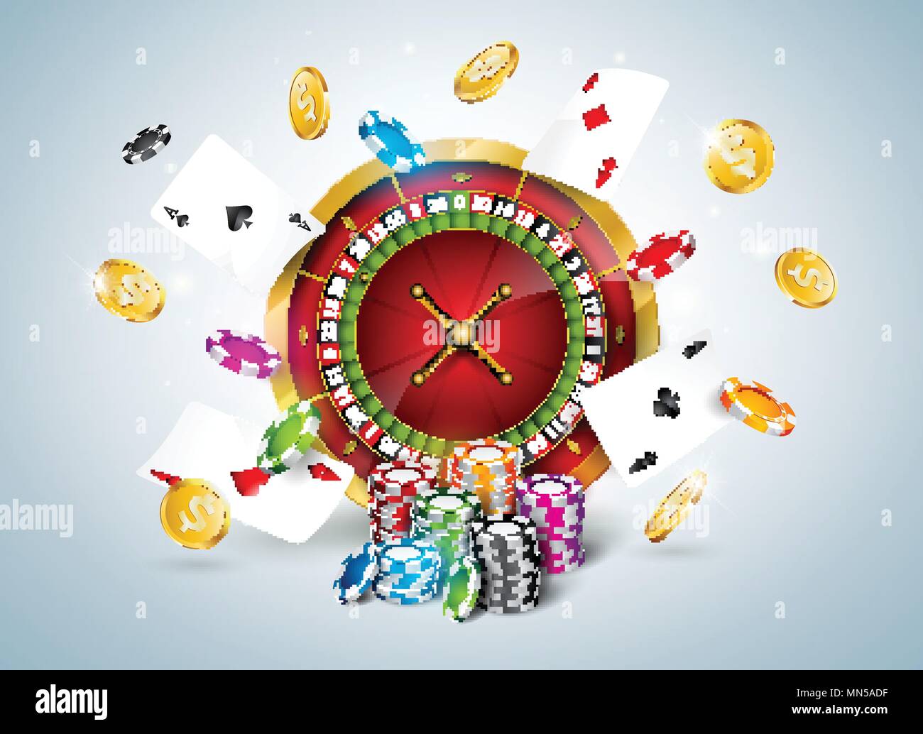 Vector illustration on a casino theme with roulette wheel, poker cards ...