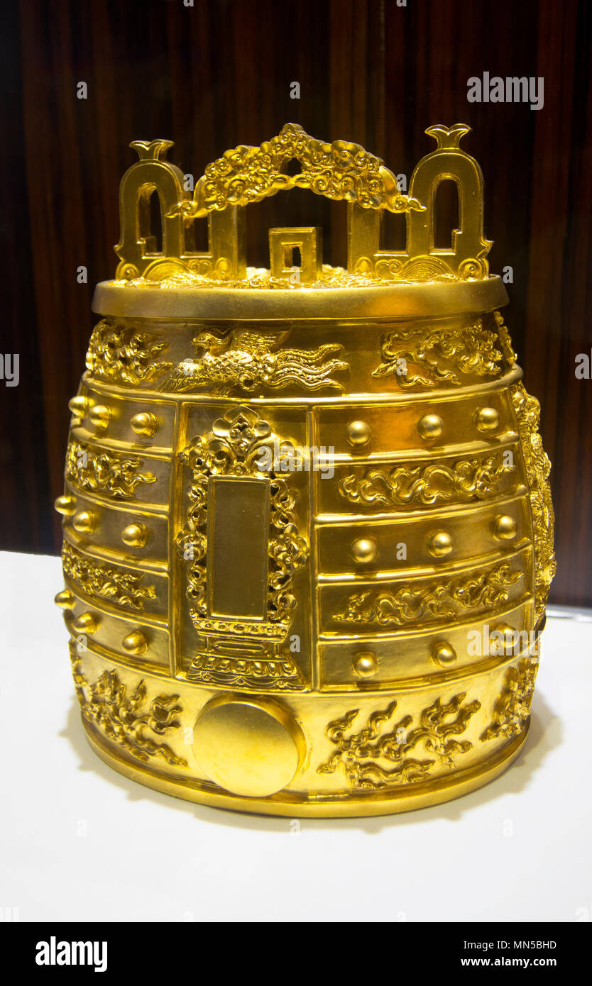 A golden religious artefact on display at the historic Temple of Heaven ...