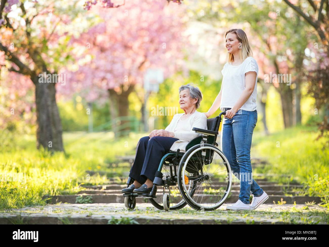Elderly grandmother in wheelchair with an adult granddaughter on a walk ...