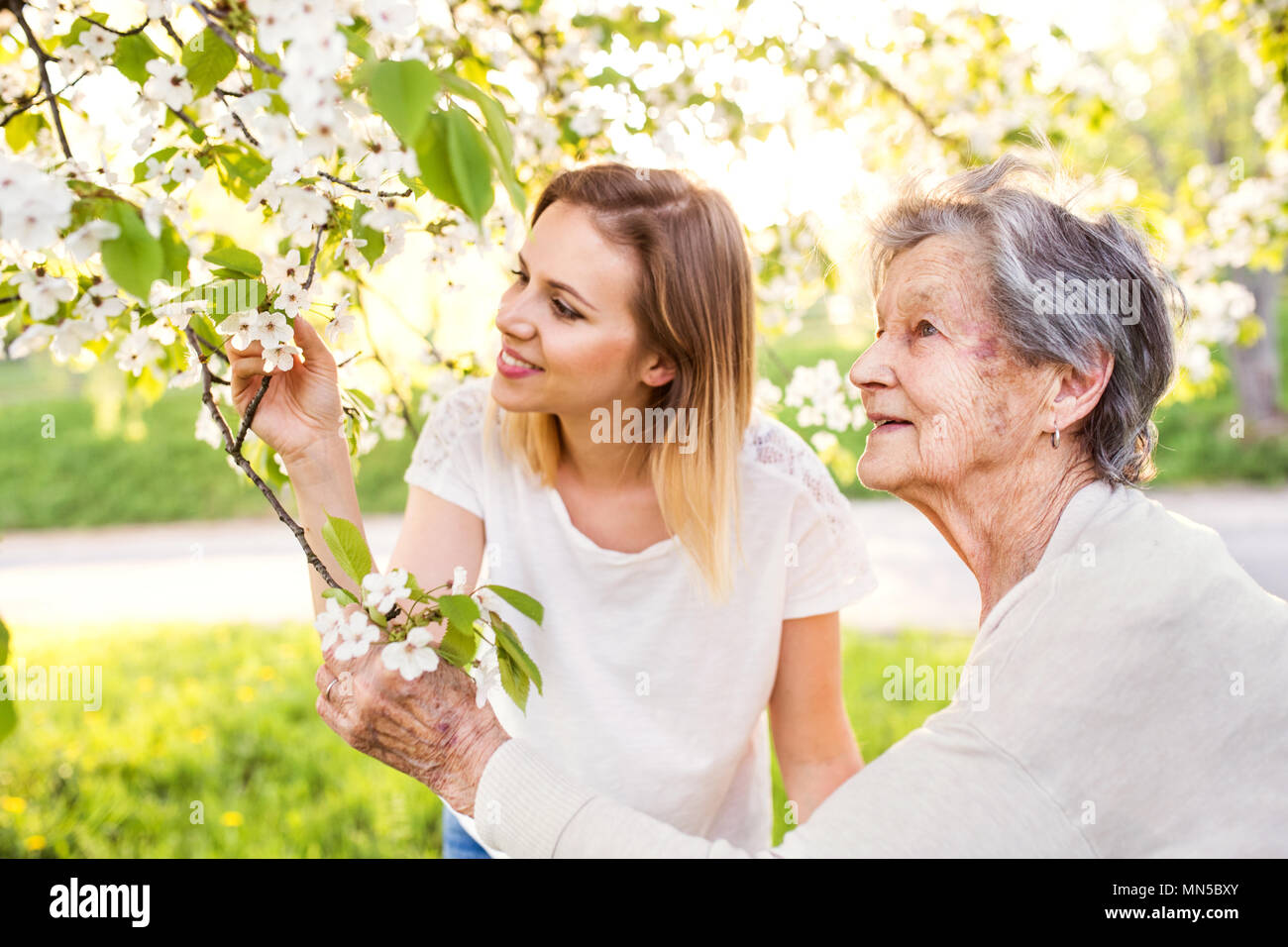 Happy elderly grandmother and an adult granddaughter standing under ...