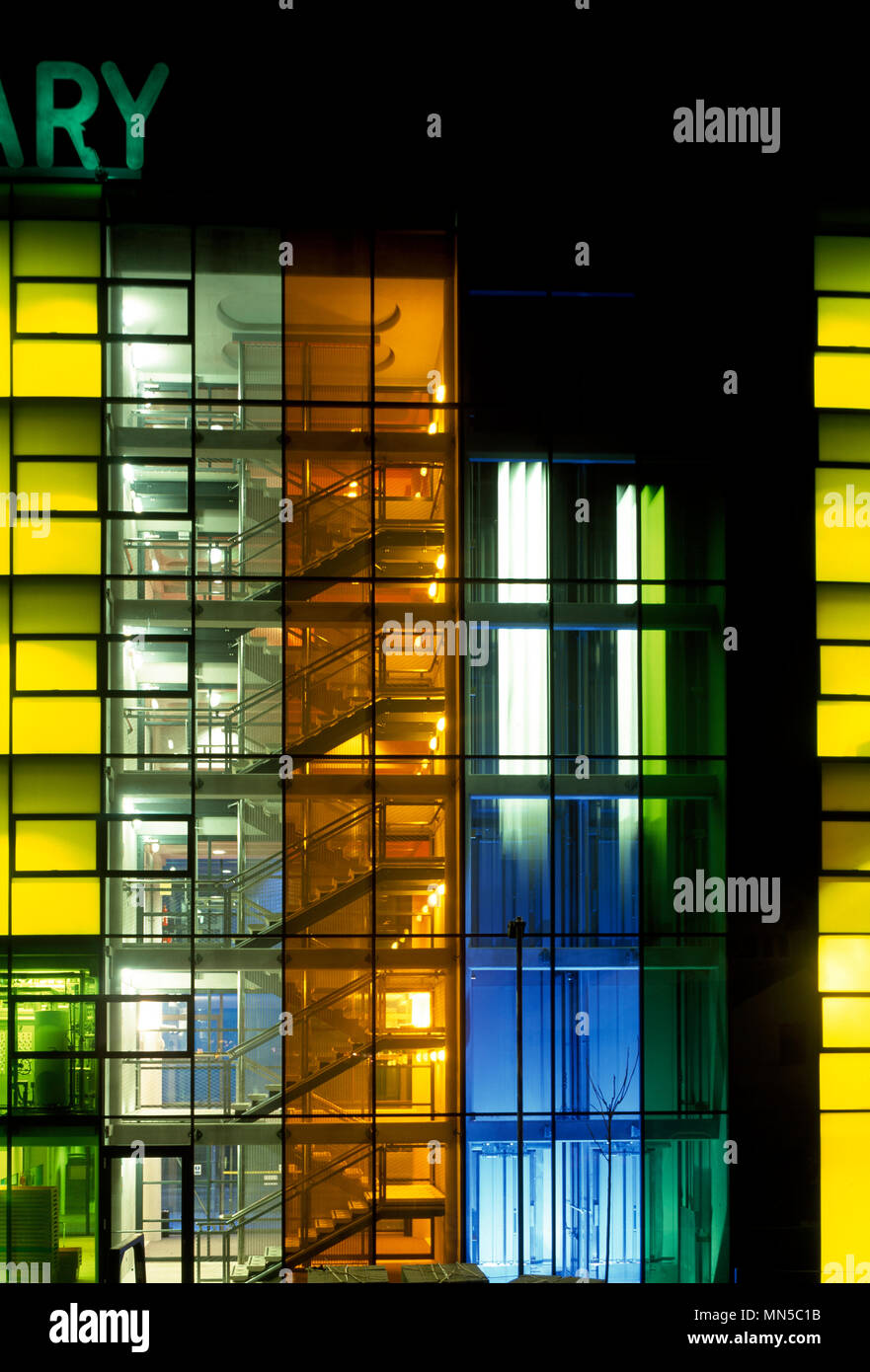 Illuminated stairway at night. Peckham Library, London, United Kingdom ...