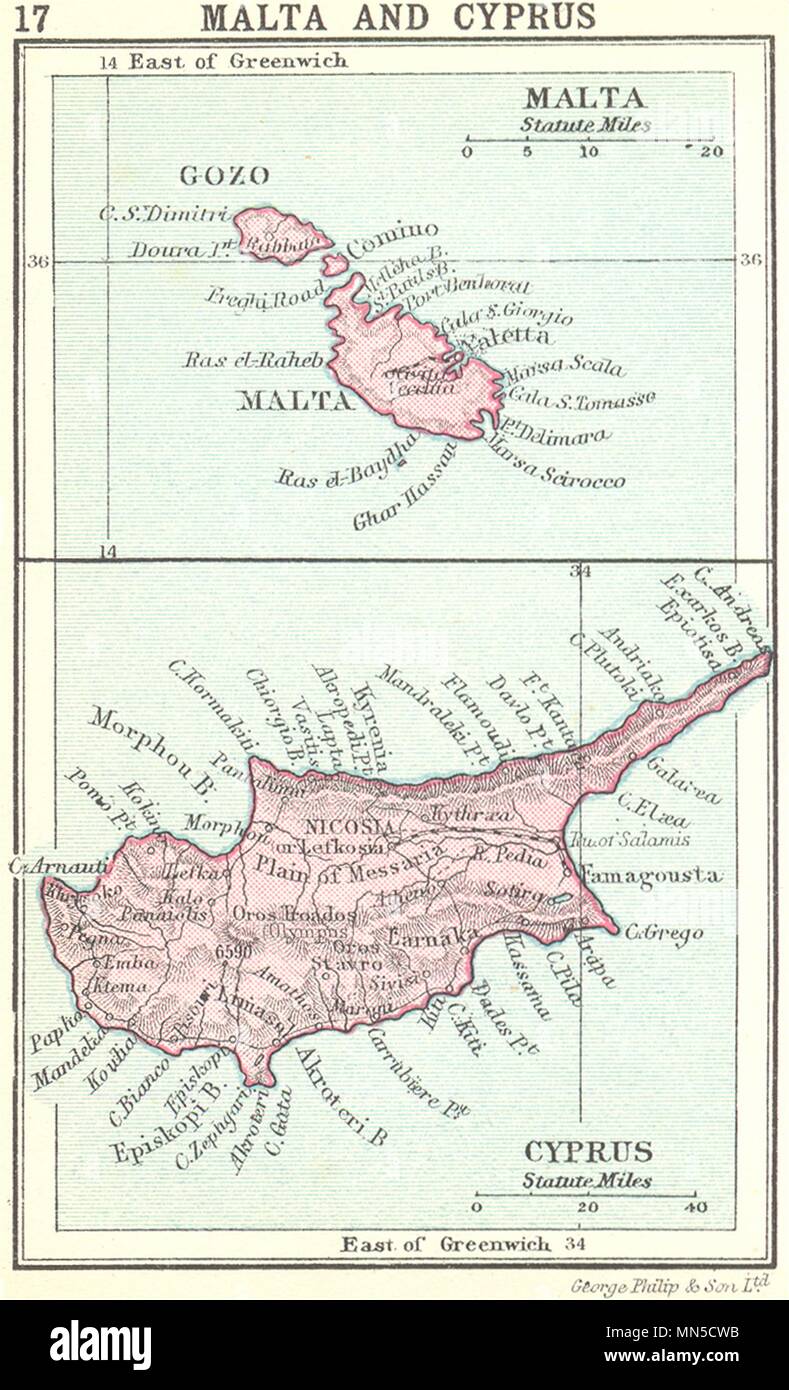 MALTA. Malta and Cyprus; Small map 1912 old antique vintage plan chart ...
