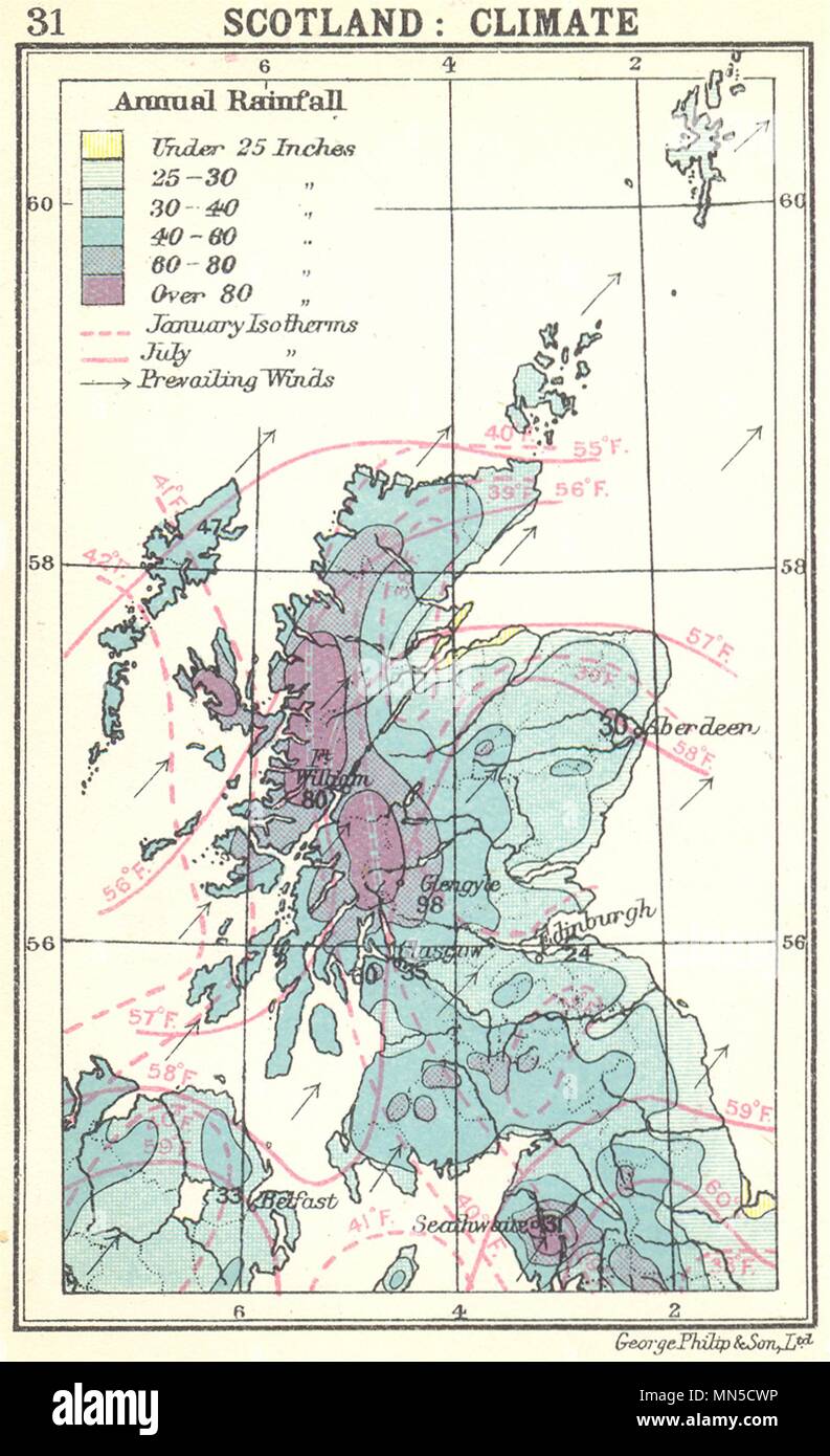 SCOTLAND. Scotland. Climate; Small map 1912 old antique vintage plan ...