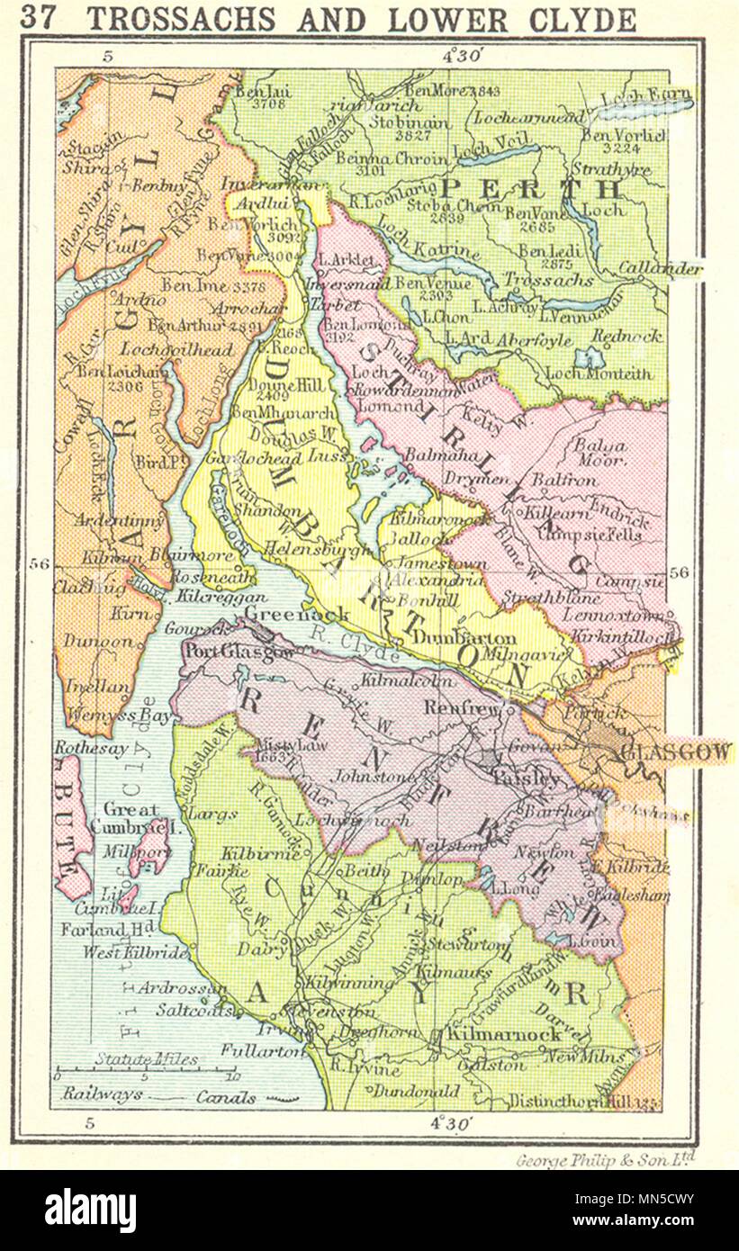 SCOTLAND. Trossachs and Lower Clyde; Small map 1912 old antique plan ...