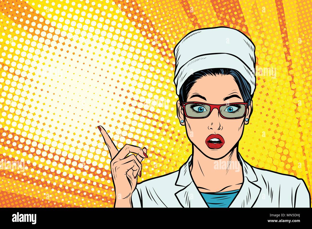 Surprised doctor woman presentation gesture. Pop art retro vector ...