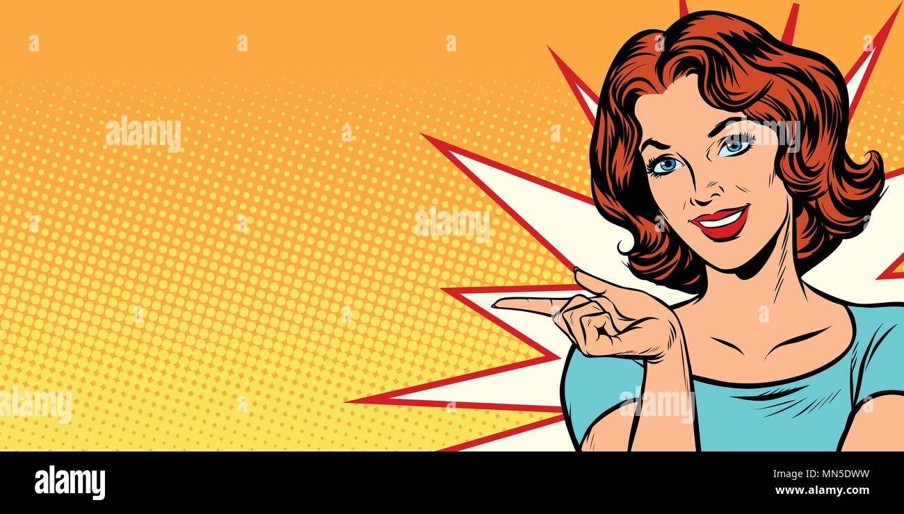 Woman pointing fingers left. Pop art retro vector illustration comic cartoon kitsch drawing ...