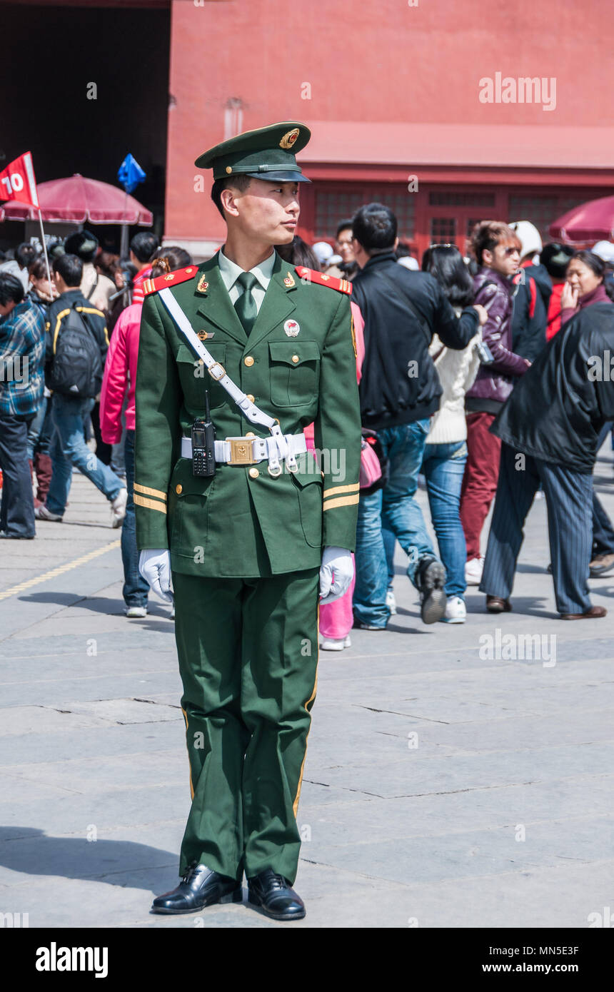 Beijing, China - April 27, 2010: Closeup of Police Officer in green ...