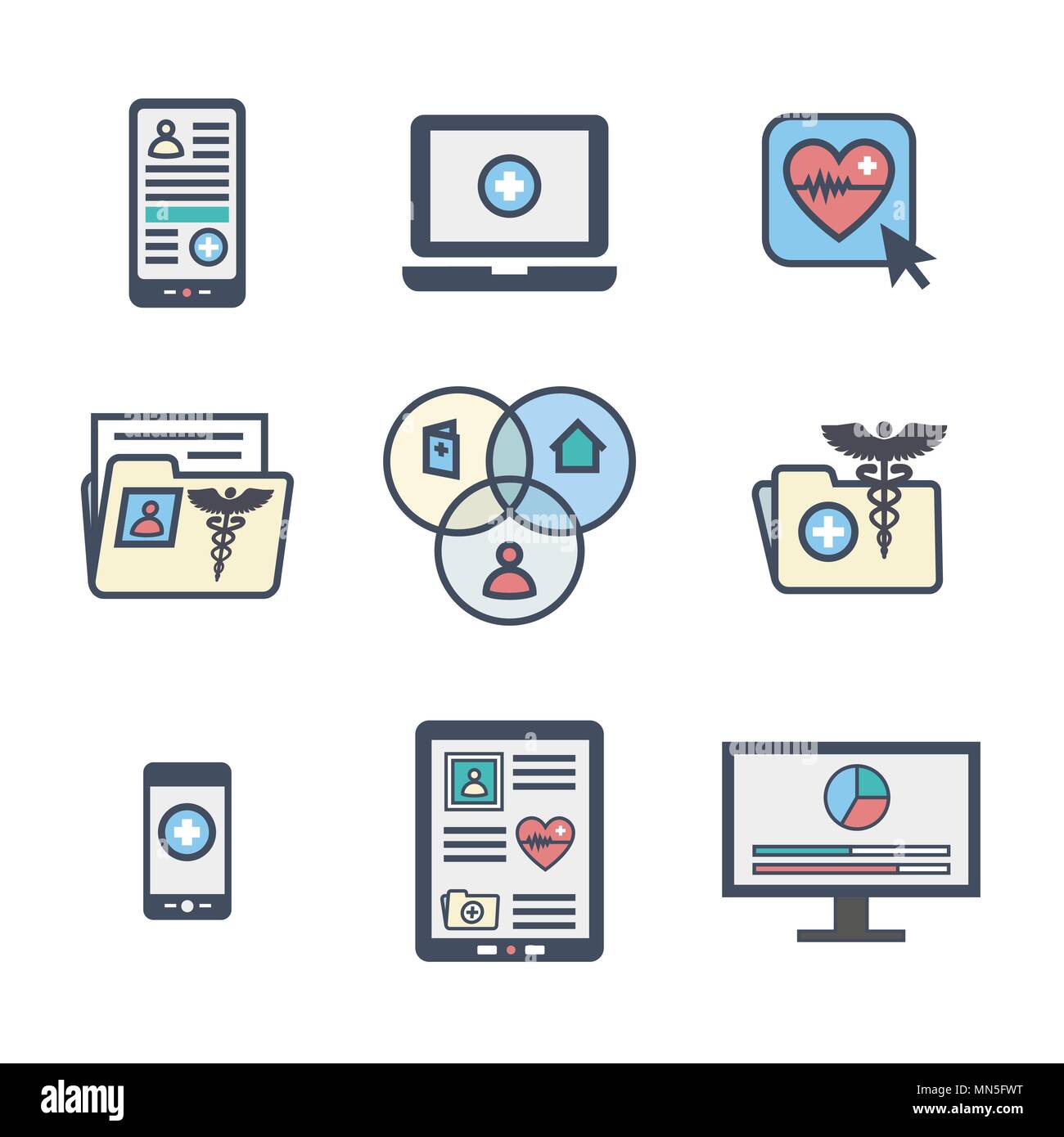 Telemedicine and Health Records Icon Set w Caduceus, file folders ...