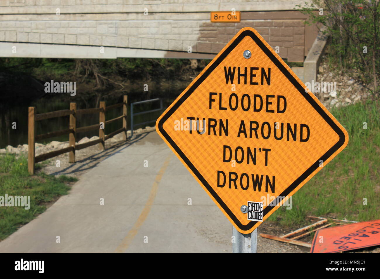 Official sign that states "When Flooded, Turn around don't drown Stock ...
