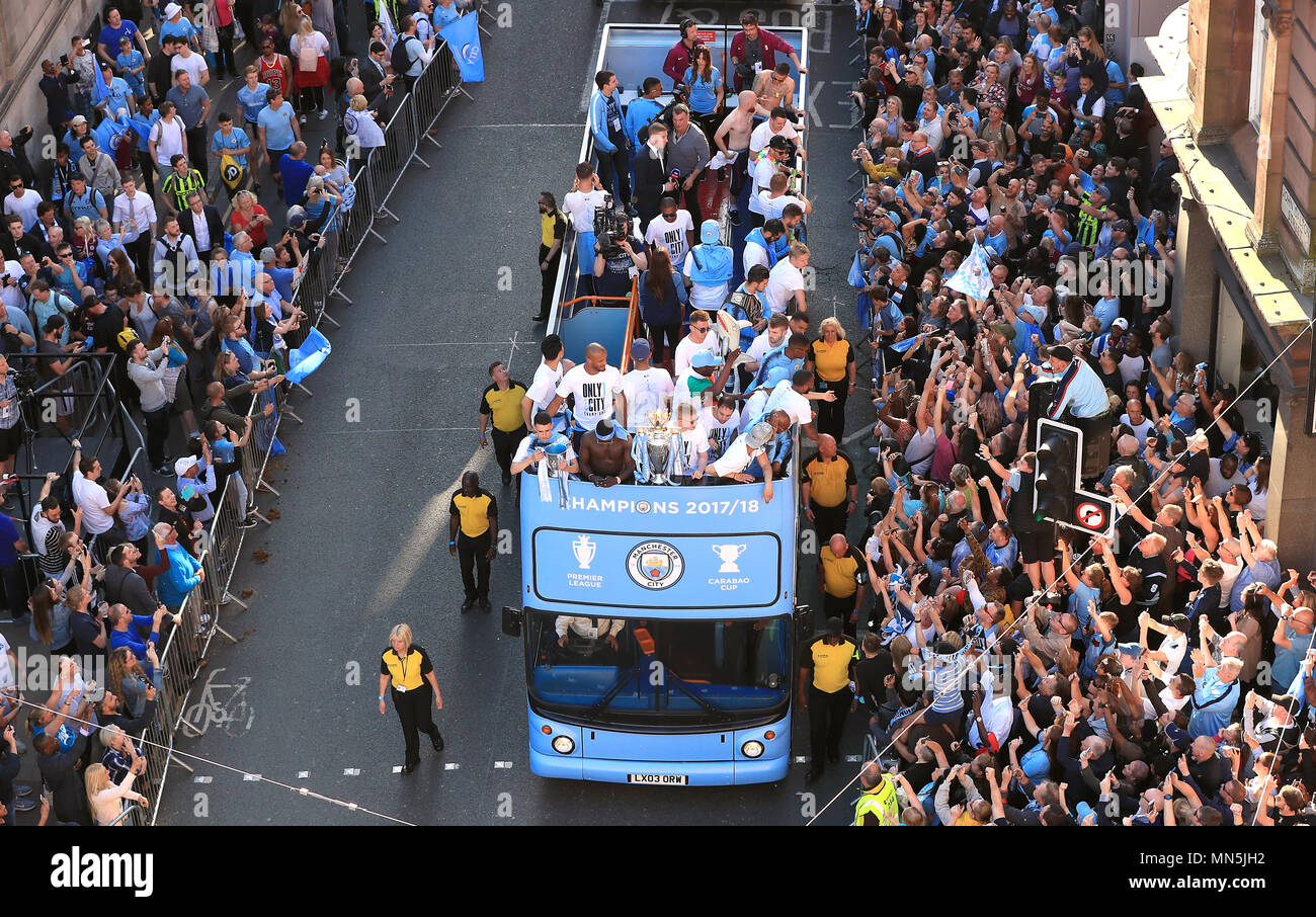 Manchester City players on a open-top bus during the Premier League ...