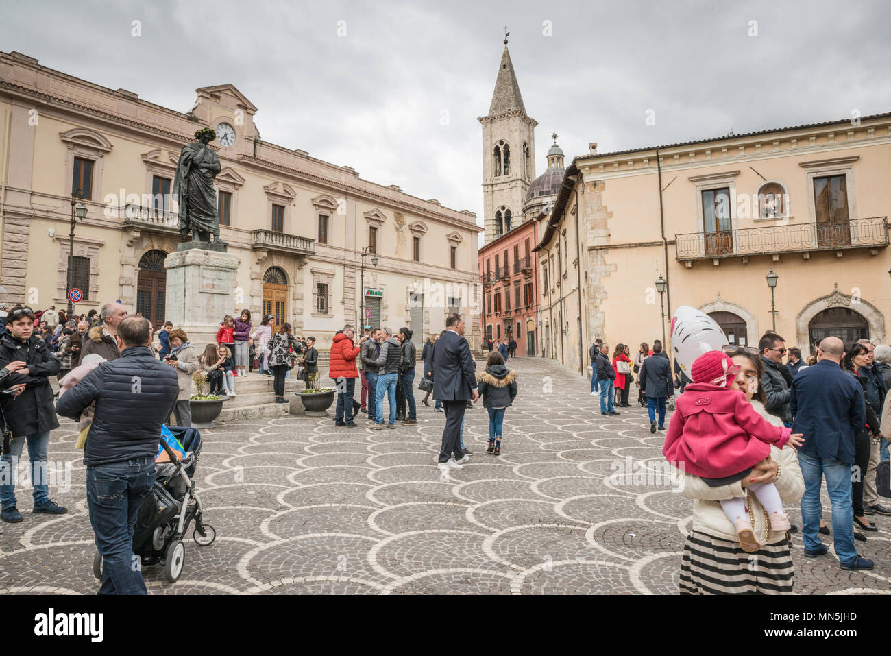 Town people gathered at Piazza XX Settembre on Easter Sunday in Sulmona ...