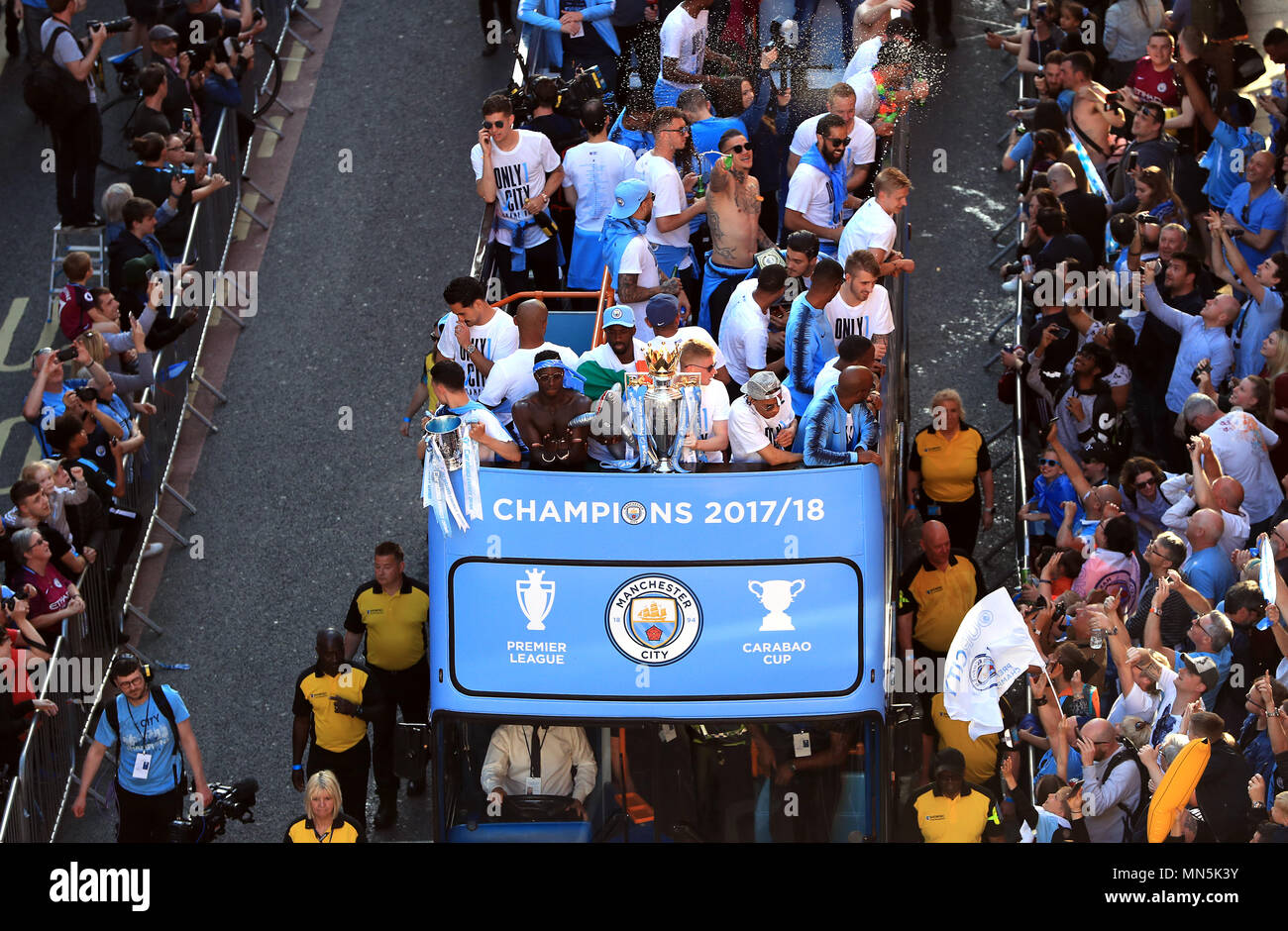 Manchester City players on a open-top bus during the Premier League ...