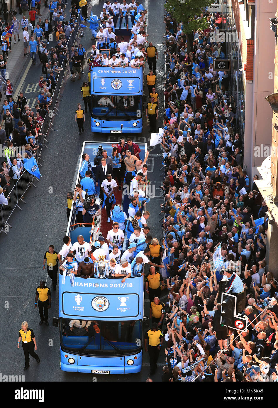 Manchester City players on a open-top bus during the Premier League ...