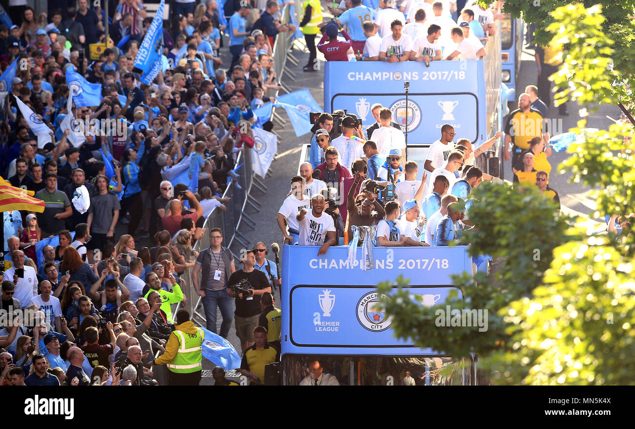 Manchester City players on a open-top bus during the Premier League ...