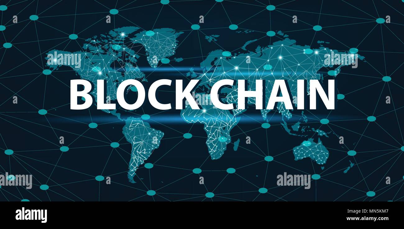 Bitcoin block chain World map security system Digital currency Financial business in the online ...