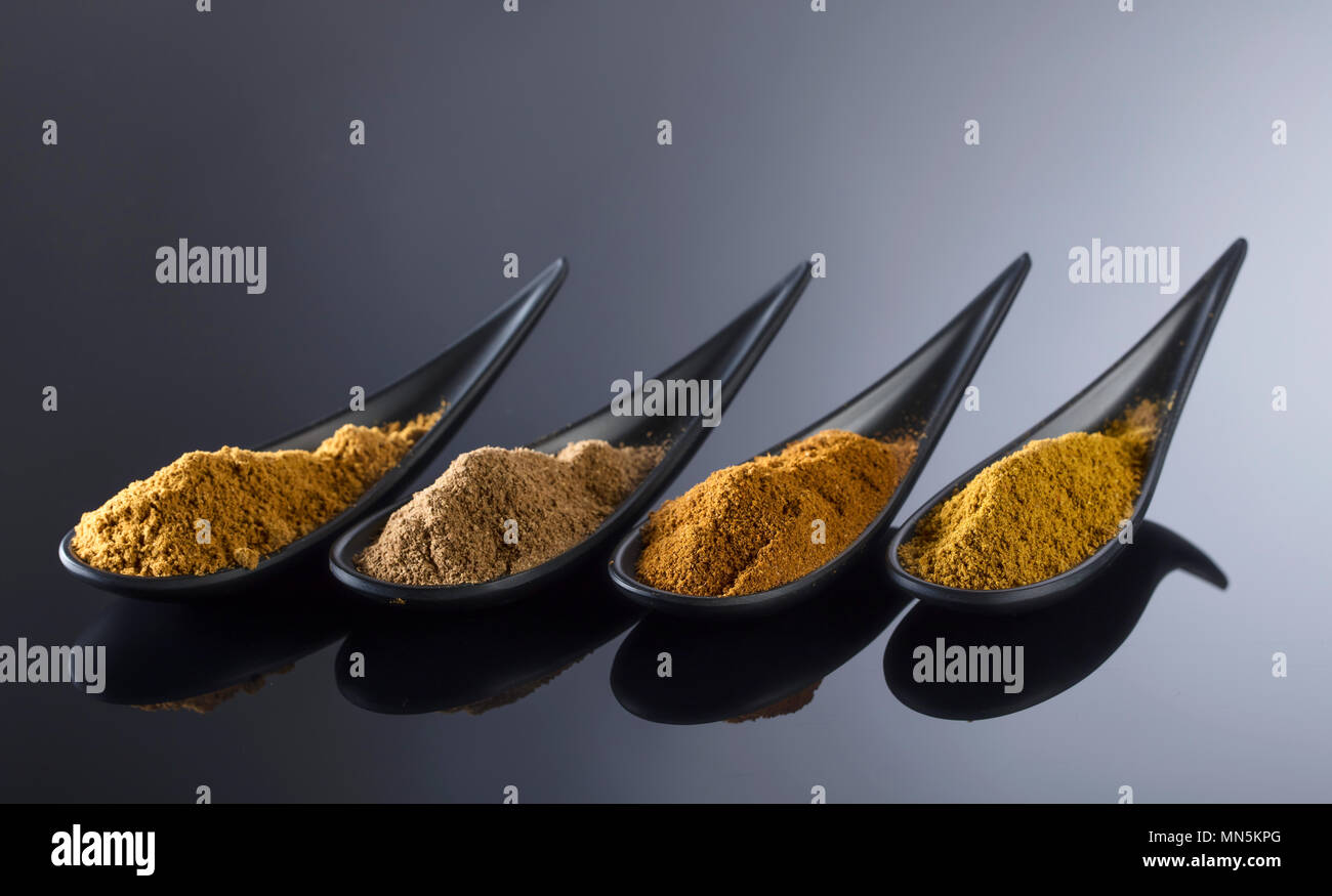 Small black bowls of Indian spices on black reflective background ...
