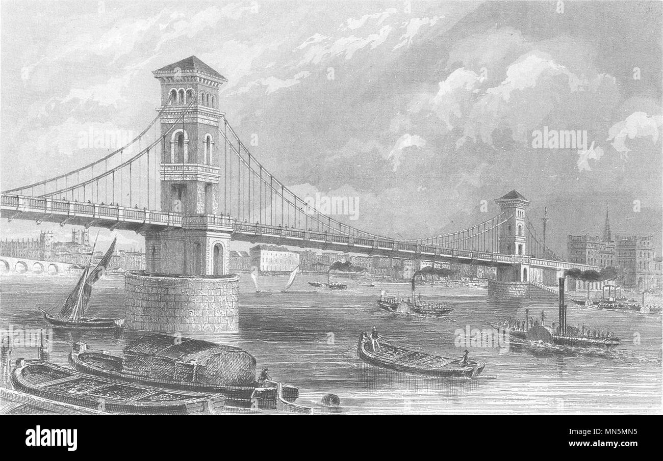 LONDON. Hungerford Chain Bridge. DUGDALE c1840 old antique print ...
