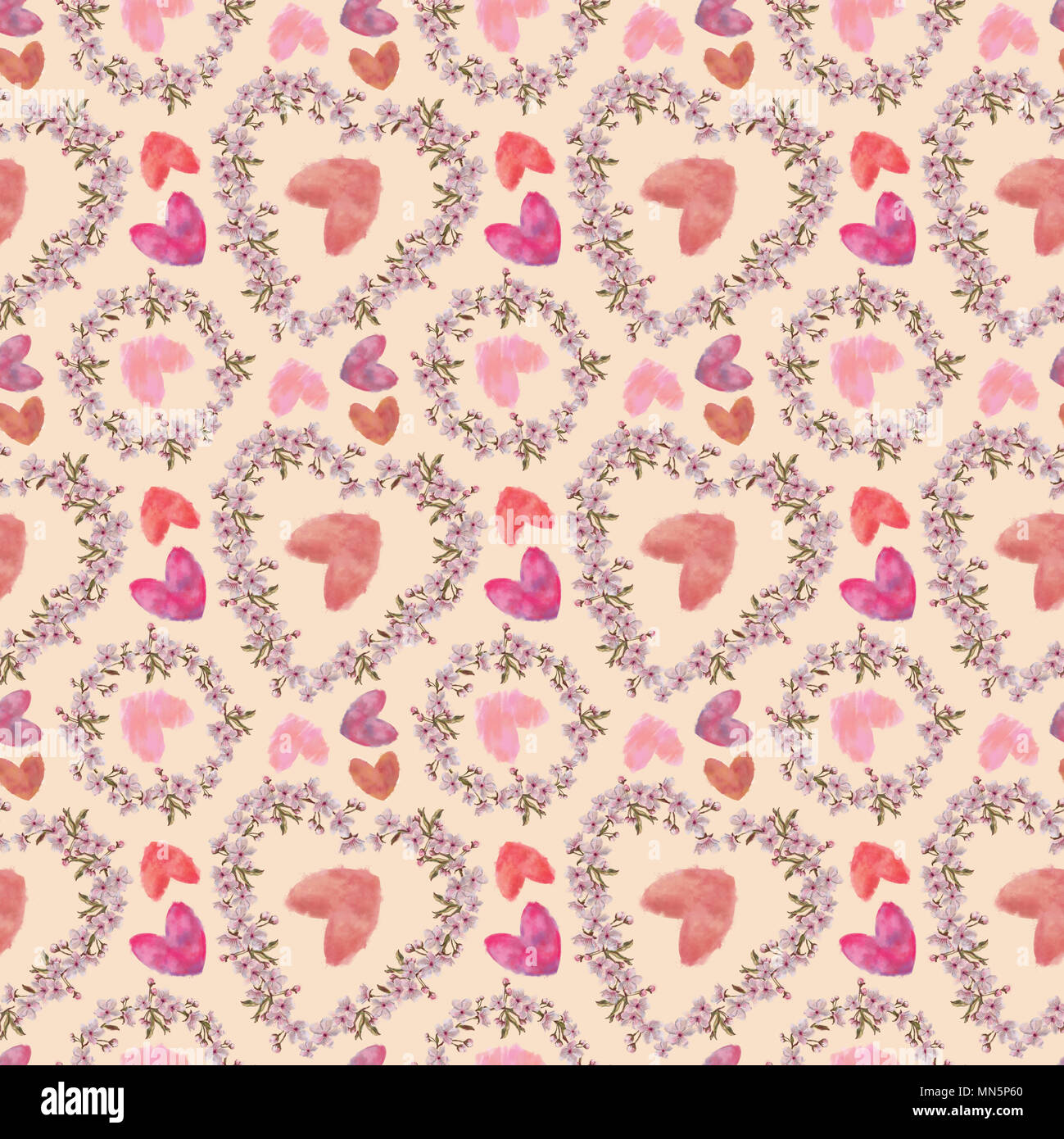 Hearts and Floral Wreaths Seamless Pattern on Peach Background. Pink ...