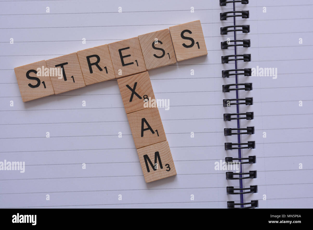 The words Exam Stress in wooden letters on a spiral bound notebook ...
