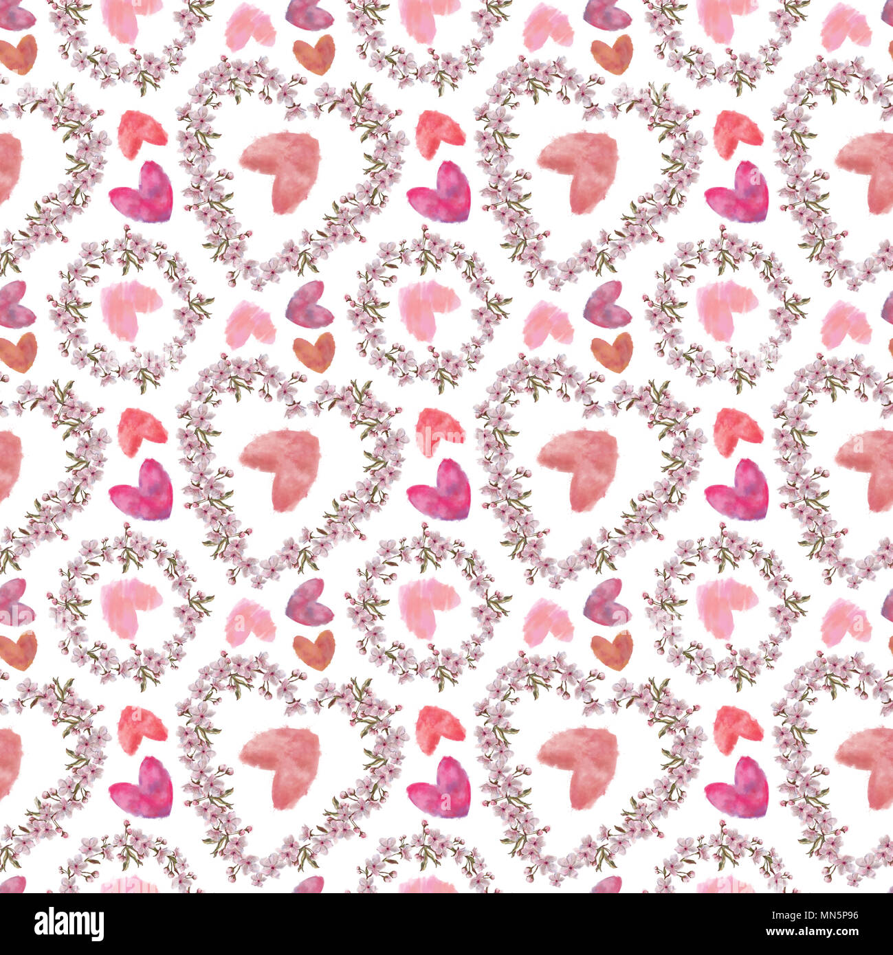 Hearts and Floral Wreaths Seamless Pattern Isolated on White Background ...