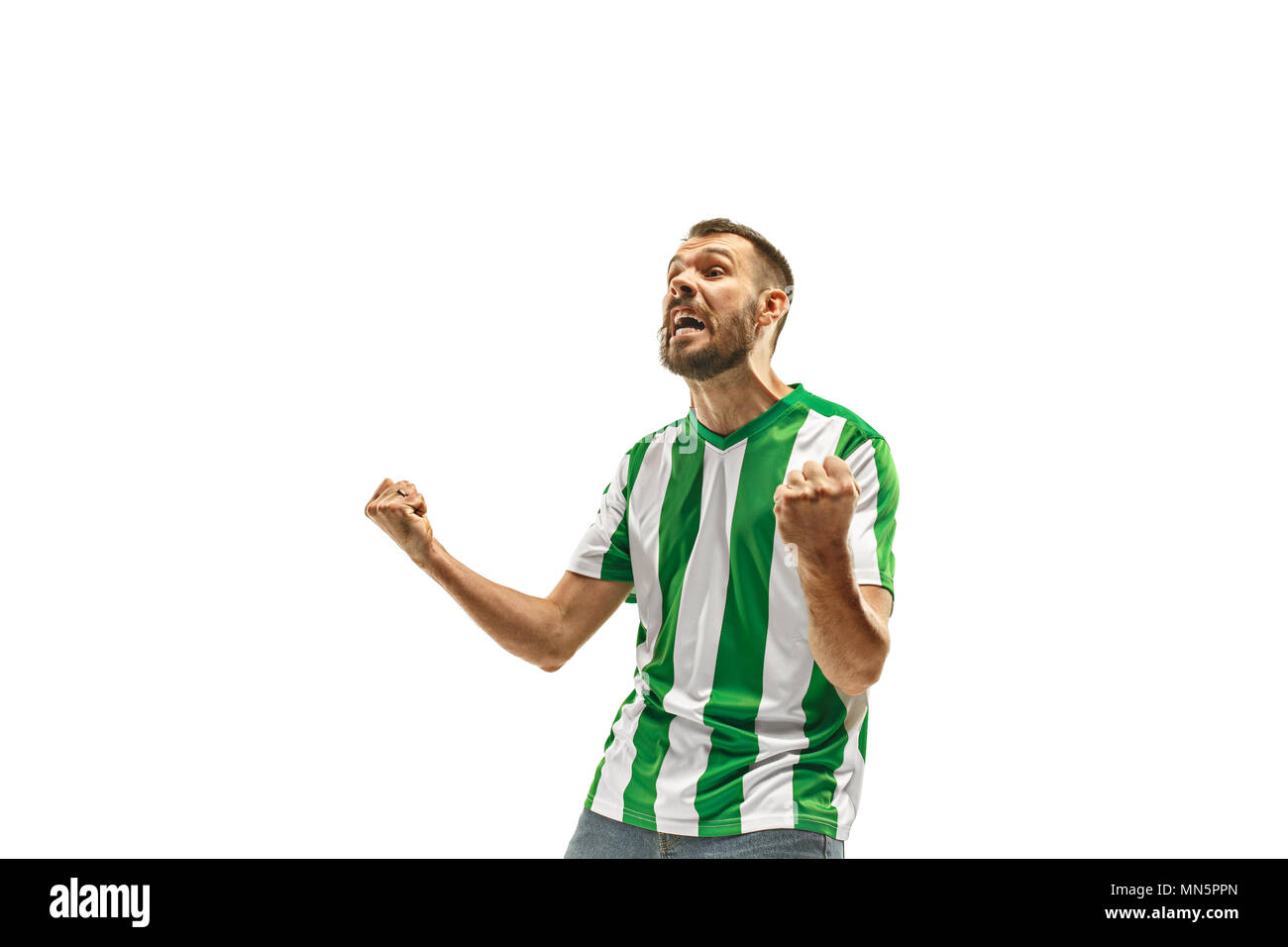 Irish fan celebrating on white background Stock Photo - Alamy