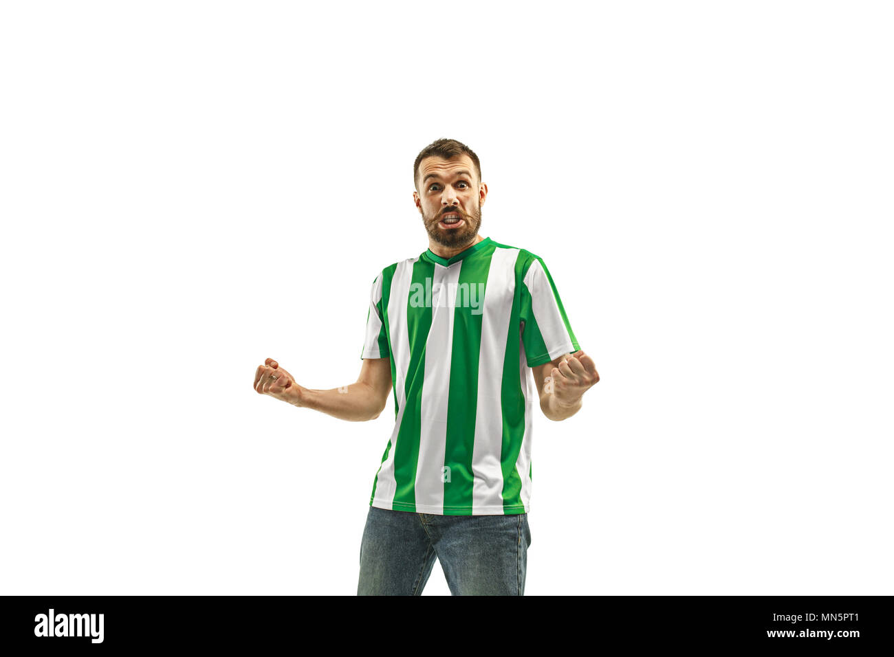 Irish fan celebrating on white background Stock Photo - Alamy